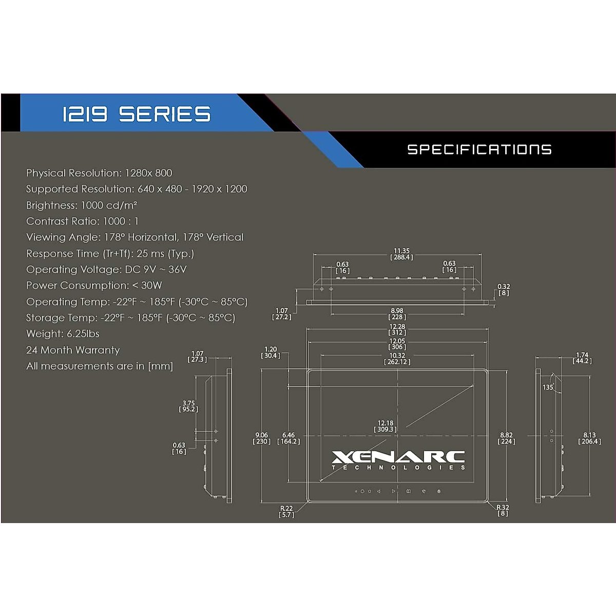 Xenarc 12.1" inch Capacitive Touchscreen All Weather Rugged IP67 IK08 Waterproof Display Monitor with HDMI VGA USB DVI Video Inputs 1280x800 Native Resolution, 16x9 Aspect Ratio - 1219GNH