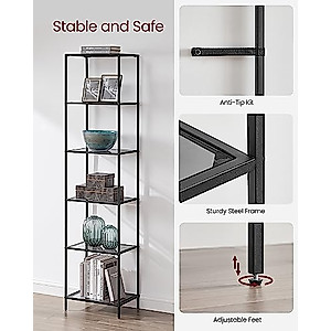 VASAGLE Bookcase, 6-Tier Bookshelf, Slim Shelving Unit for Bedroom, Bathroom, Home Office, Tempered Glass, Steel Frame, Black and Gray ULGT500G01
