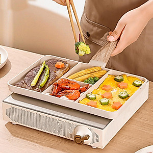 Nonstick 4 Section Divided Pan, Egg Frying Pan Stone Coating Aluminum Alloy Grill Pans Sectional Skillet Grill Pan with Wooden Handle for Breakfast 13.8 Inch (White)