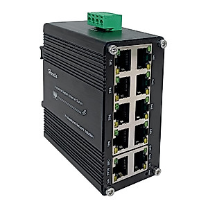 Hardened Industrial Gigabit Compact Ethernet Switch 10-Port 10/100/1000BASE-T RJ45 with auto-MDI/MDI-X Function 10/100Mbps Half/Full Duplex and 1000Mbps Full Duplex 12~48VDC Wide Range Power Input
