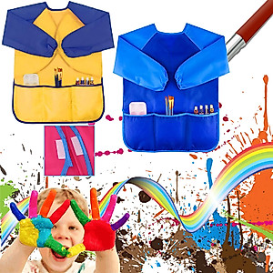 URSKYTOUS 2 Pack Kids Art Smocks Children Painting Aprons Long Sleeve Kids Smock with 3 Pockets Toddler Smocks Gifts for Art Craft, Cooking, Baking, Feeding, Age 3-7 Years, Blue and Yellow