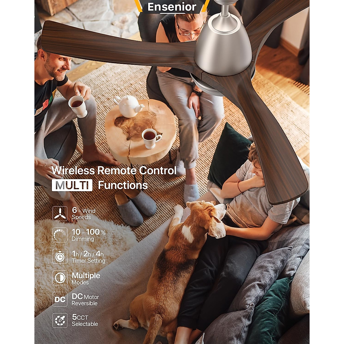 Ensenior 52’’ Wood Ceiling Fan with Light and Remote Control, Reversible and Silent DC motor, Modern Ceiling Fan with Remote for Bedroom, Living Room, 5CCT selectable LED Light, Brushed Nickel (425)