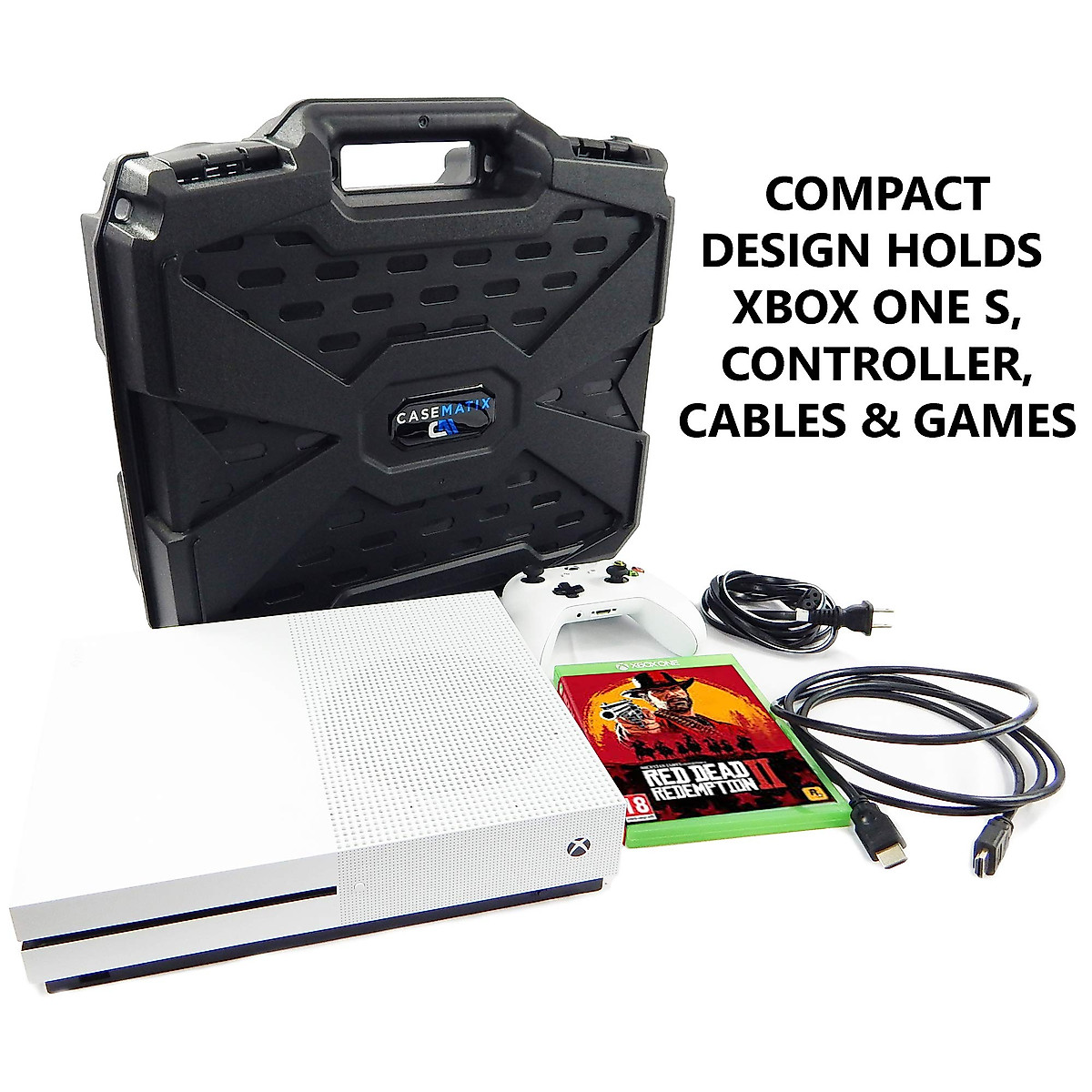 CASEMATIX Travel Case Compatible with Xbox One S - Hard Shell Carrying Case with Protective Foam Compartments for Console, Controller, Power Adapter, Games and More Accessories, Case Only