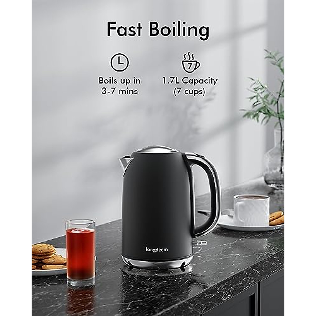 Longdeem Fast-Boil Electric Tea Kettle, 1.7L Stainless-Steel Water Heater, 1500W, Cordless Matte Black Design with LED, Auto-Shutoff & Anti-Dry Protection