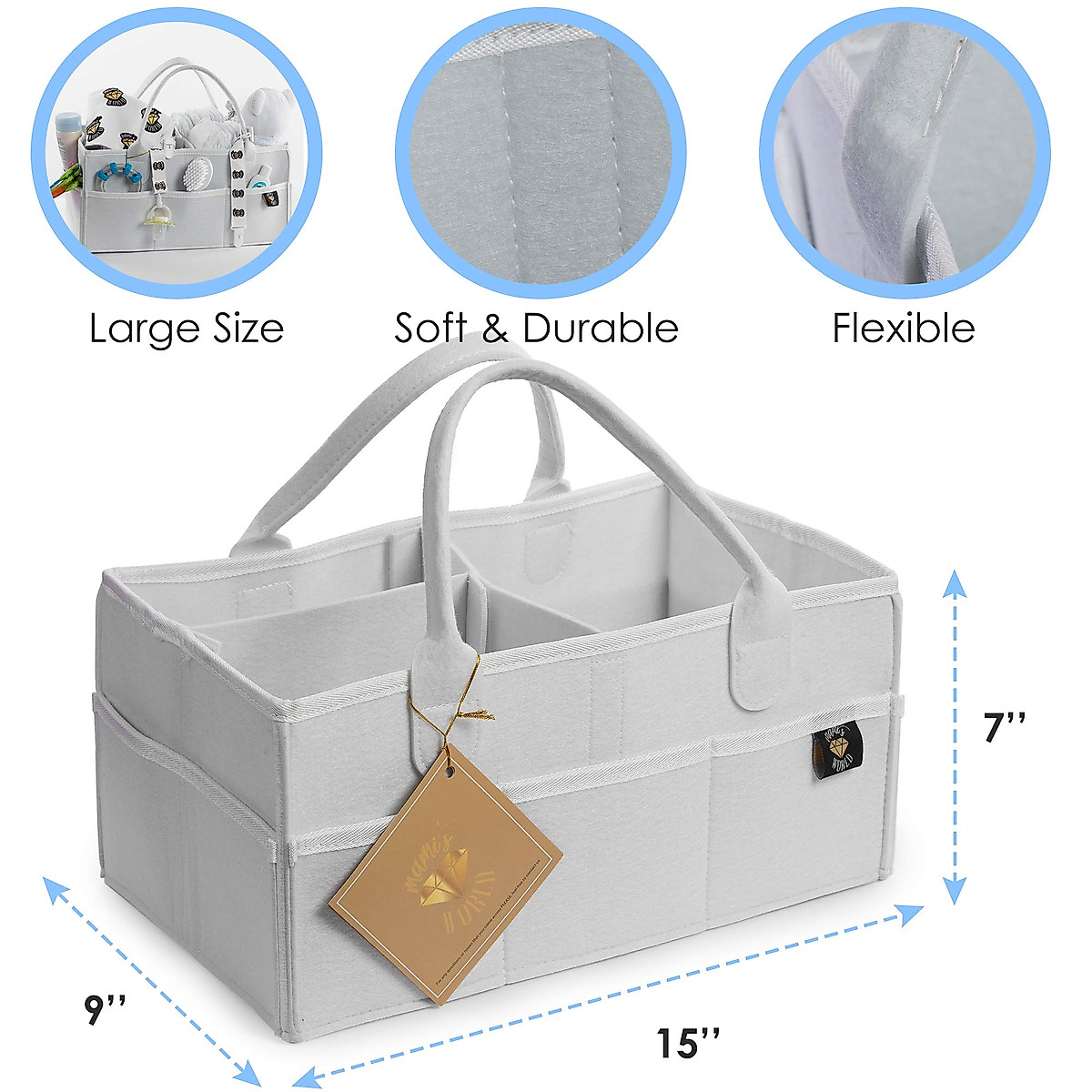 Mami's World: Baby Diaper Caddy Organizer; Portable Bag Holder for car & Changing Table; Essential Storage Bins for Nurseries with Gifts- 2 Pacifier Clips & 2 Bibs