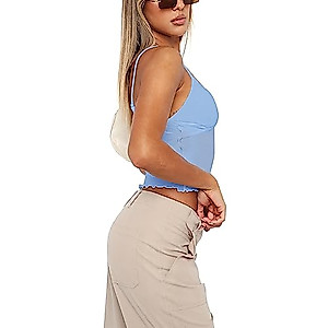 REORIA Women's Summer Sexy V Neck Sleeveless Adjustable Spaghetti Strap Sheer Mesh See Through Going Out Trendy Cami Camisole Y2k Crop Tops Sky Blue X-Small