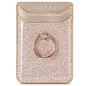 TOPWOOZU Phone Card Holder with Ring Grip for Back of Phone,Adhesive Stick-on Credit Card Wallet Pocket for iPhone,Android and Smartphones (Pink)