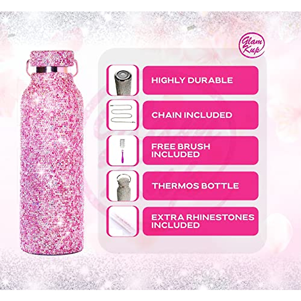 GlamKup Diamond Water Bottle Bling Cup Glitter Water Bottle Rhinestone Dazzling Stainless Steel Insulated Bottle Sparkling Cup Thermos Bottle with Chain Brush Extra Rhinestone
