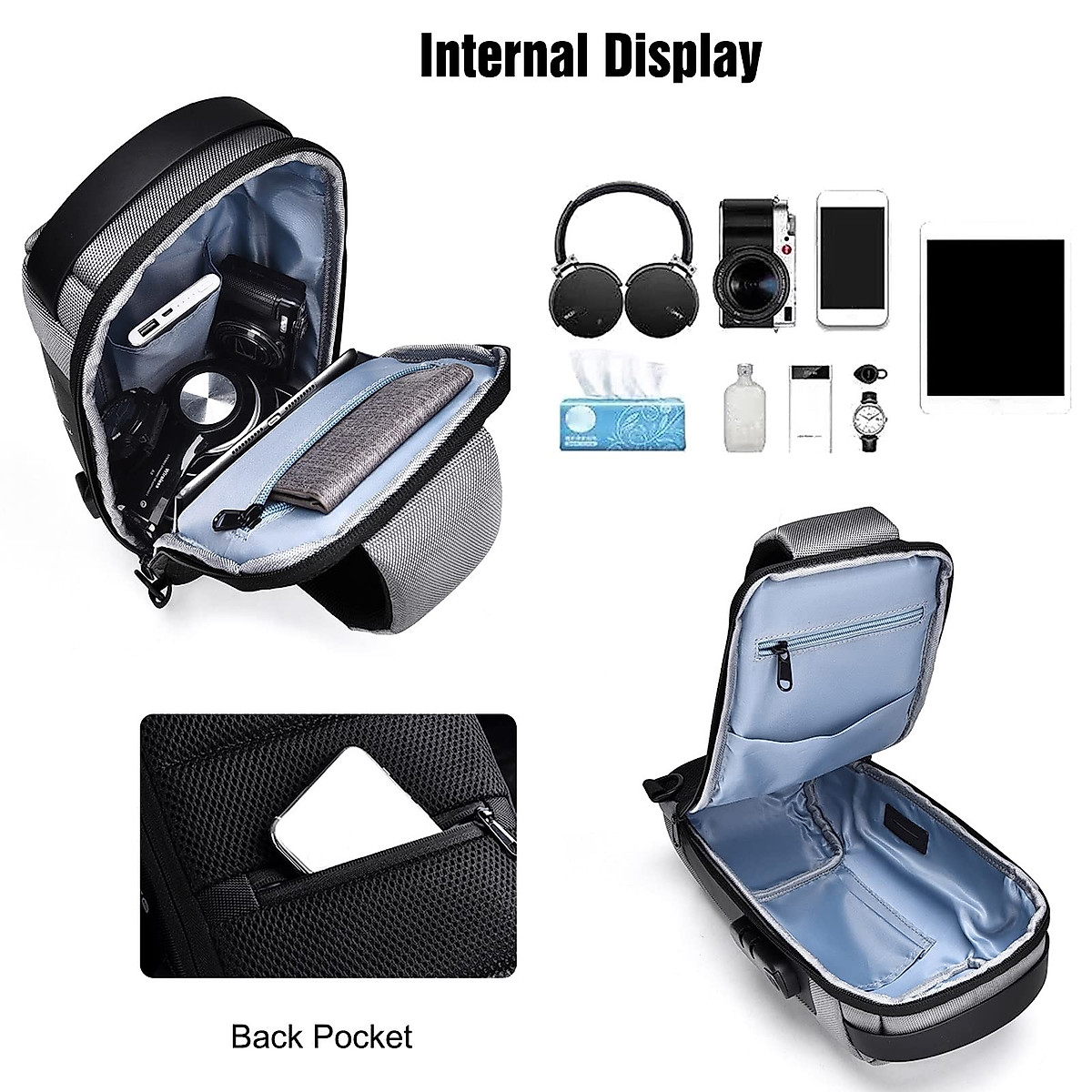 FANDARE Anti-Theft Sling Bag Chest Shoulder Backpack Crossbody Bags for Men Women Cover Pack Hiking Small Rucksack with USB Charging Port for Business Travel Hiking Bicycle Sport Gym Pack New Blue