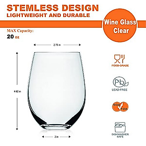 LUXU Stemless Wine Glasses(Set of 4)-20 oz,Crystal Wine Cups for Red or White Wine,Large Water Juice Glasses,No Stem Glass Beverage Cups,Clear Drinking Tumblers for Any Occasion