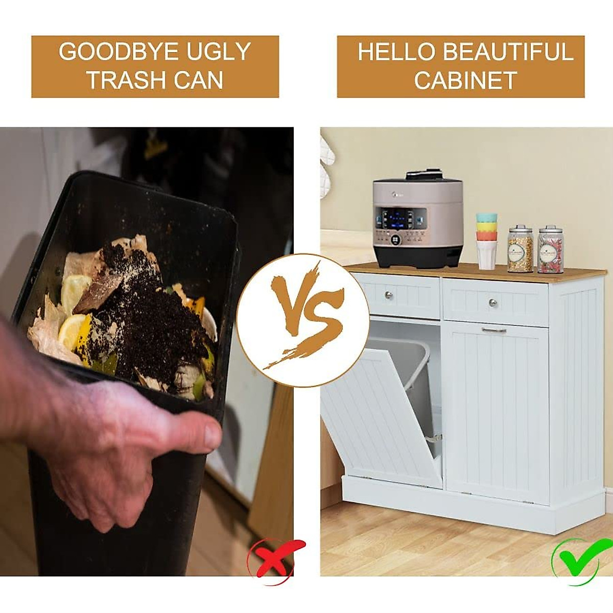 kinbor Double Tilt Out Trash Cabinets - Wooden Kitchen Trash Cabinet Bin, Free Standing Trash Can Holder & Recycling Cabinet with Hideaway Drawers, White