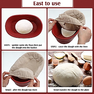 Hushee 3 Pieces 10 Inch Oval Shaped Proofing Basket bread proofing basket with Scraper Cotton Liner Red Oval Banneton Basket Dough Bowl Bread Making Tools for Home Sourdough Bread Baking
