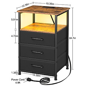 LOAKEKEL Nightstands Set of 2, Large End Tables Living Room, Bed Side Tables with Charging Station, 24.7" Tall Night Stand with 3 Fabric Drawers and LED Light Strip for Bedroom HNS013BR