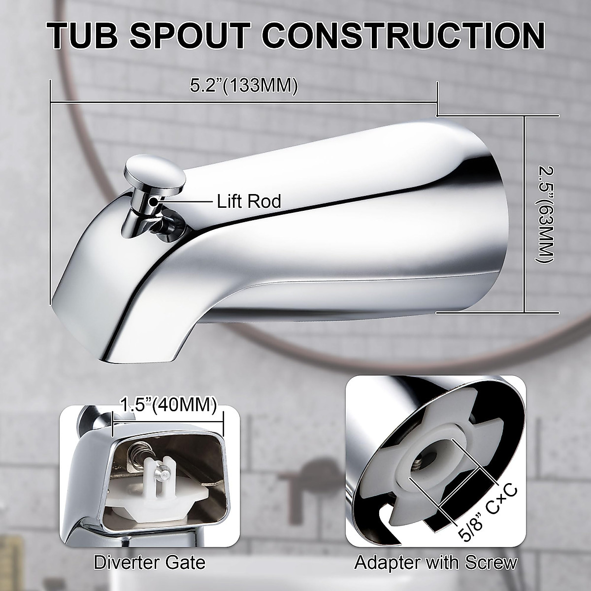 1 Pack Slip on Tub Spout with Diverter, Compatible with American Standard 8888026.002 Tub Spout, Bathroom Bathtub Faucet, Fits 1/2" Copper Water Tube(5/8" Diameter), Polished Chrome, 5/32" Hex Wrench