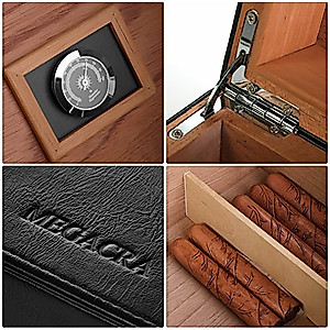 MEGACRA Desktop Humidor Case Holds 25-50 Cigars, Unique Elegant Leather Display, 100% Handcraft Real Solid Spanish Cedar Wood Storage Box with Humidifier and Hygrometer Desktop Humidors