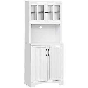 HOMCOM Accent Kitchen Buffet and Hutch Wooden Storage Cabinet with Glass Framed Door, and Microwave Space, White