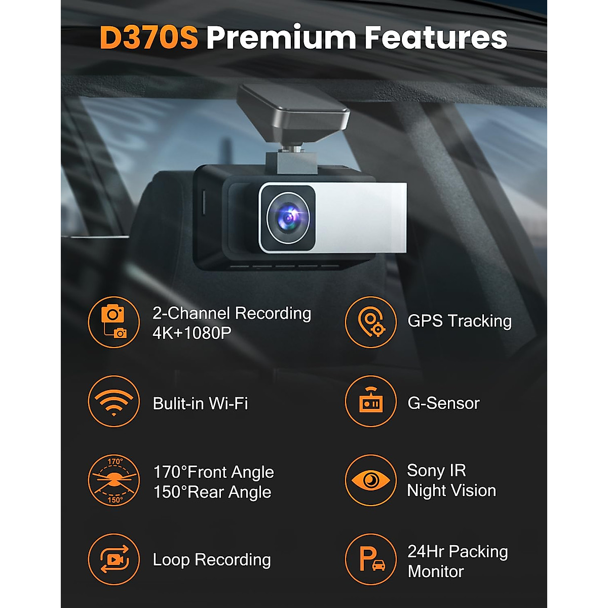 SUVCON 4K Dash Cam Front and Rear, Dual Dash Camera for Cars 4K+1080P Dashboard Car Camera Built-in Wi-Fi GPS, 24H Parking Monitor, Night Vision, Loop Recording, WDR, 170° Wide Angle, Free 32GB Card