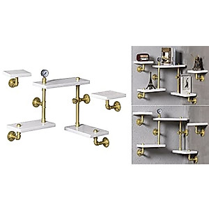 ZYUXUAN Industrial White and 18K Gold Floating Ladder Shelves, Wall Mounted Bookshelf/Bookcases for Home, Modern Pipe Frame Shelving with Wood Planks Floating Hanging Rack for Kitchen Bathroom Office