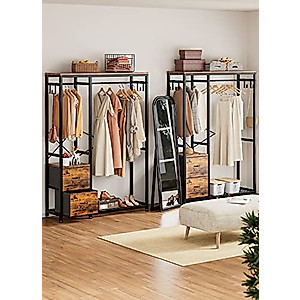 Lulive Clothes Rack, Heavy Duty Garment Rack for Hanging Clothes, Industrial Clothing Racks with Shelves, 2 Fabric Drawers, 4 Hooks, 2 Hanging Rods, Freestanding Closet Organizer, Rustic Brown
