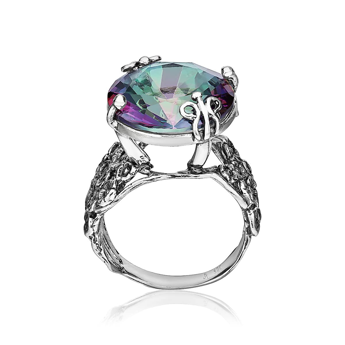 925 Sterling Silver Wide Band Ring With A Mystic Bold Oval Round Cubic Zirconia Floral Show Stopper Hypoallergenic, Nickel and Lead-free, Artisan Handcrafted Designer Collection, Handmade Jewelry Gift