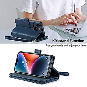 Varikke for iPhone 14 Wallet Case, Detachable Magnetic Wallet Flip Cases with Card Holder & Kickstand & Wristlet Fits iPhone 14 [6.1 inch] Phone Cover for Women Men Durable PU Leather, Vintage Blue