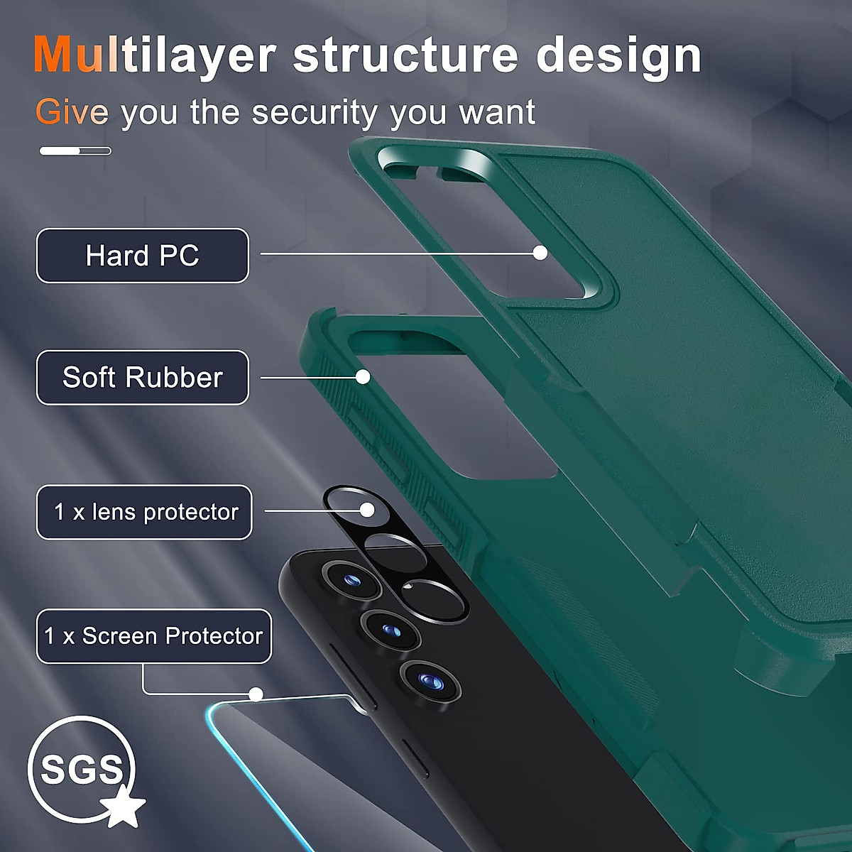 for Samsung Galaxy A54 5G Case with 1 Pcs Tempered Glass Screen Protector and 1 Pcs Camera Lens Cover,Heavy Duty Rugged Shockproof Full Body Protective Phone Cover,Dark Green