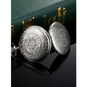 Hicarer Quartz Pocket Watch for Men with Black Dial and Chain Vintage Roman Numerals Christmas Gifts Birthday (Silver)