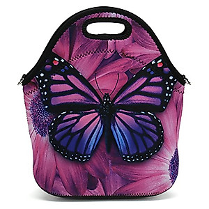 Insulated Neoprene Lunch Bag-Removable Shoulder Strap-X Large Size Reusable Thermal Thick Lunch Tote/Lunch Box/Cooler Bag With Wallet Pouch For Women,Teens,Girls,Kids,Baby,Adults (Purple Butterfly)