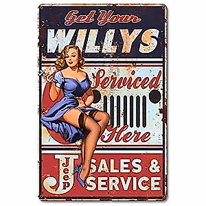 Willys Serviced Here Pin-up Girl Metal Vintage Tin Sign 8x12 inch Tin Sign