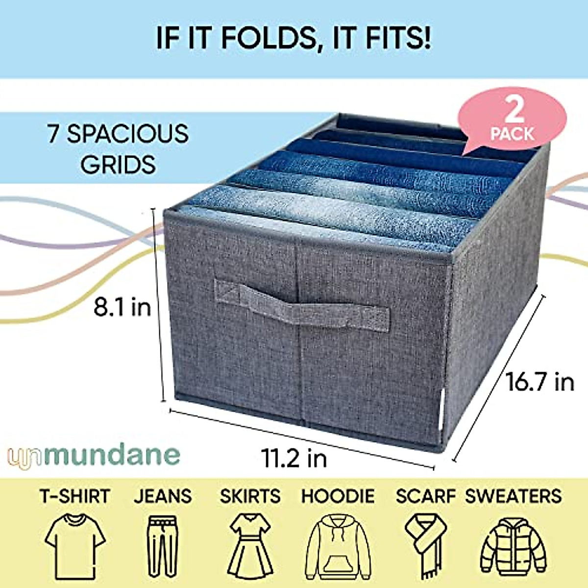 Unmundane 7-Grid Gray Linen Wardrobe Clothes Organizer (2-Pack) | Large, Reinforced, Washable, & Foldable | Store Jeans, Shirts, Sweaters, Underwear