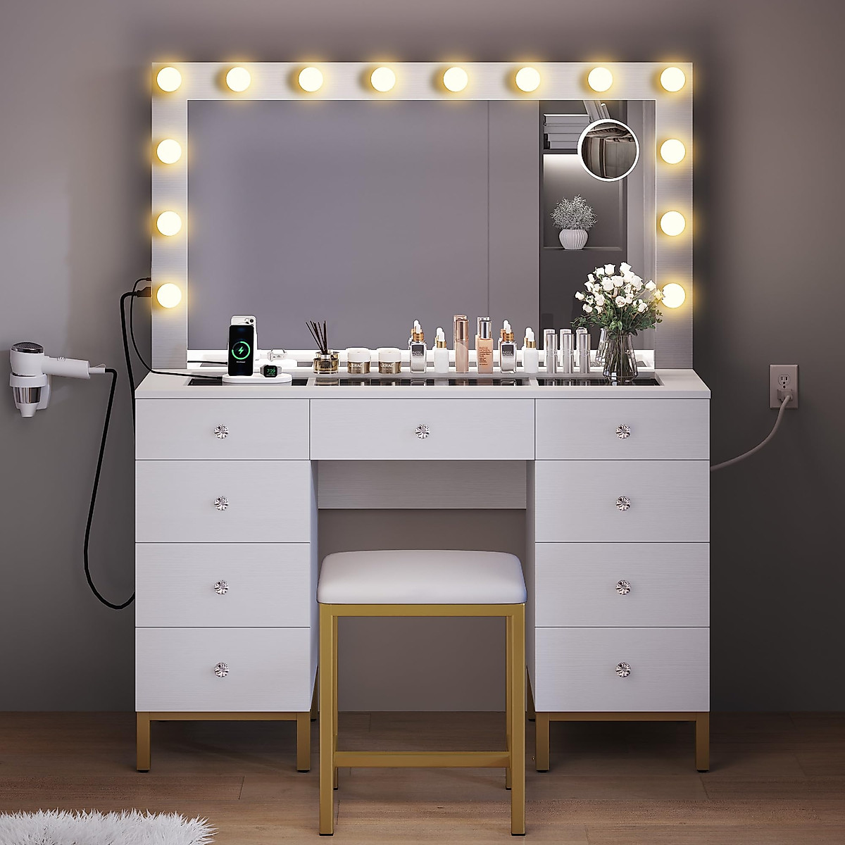 DWVO Vanity Desk Set with Hollywood Bulbs Mirror Power Outlet, Large Glass Top Vanity Makeup Mirror Desk Crystal Handle 3 Color Lighting Modes 9 Drawers Magnifying Glass, Makeup Vanity w/Bench, White