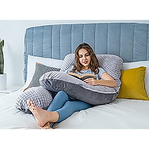 QUEEN ROSE Pregnancy Pillow, Maternity Pillow for Pregnant Women, 55 Inch U Shaped Full Body Pillow for Sleeping Support, Reversible Minky Dot Velvet Cover, Grey