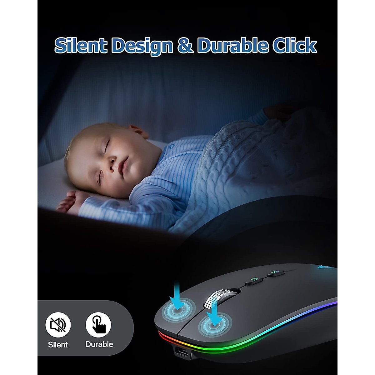 Uineer Bluetooth Mouse, LED Rechargeable Wireless Mouse(BT 5.1+2.4G), Silent Computer Mice for Laptop Desktop, MacBook, Windows, Mac OS,Black