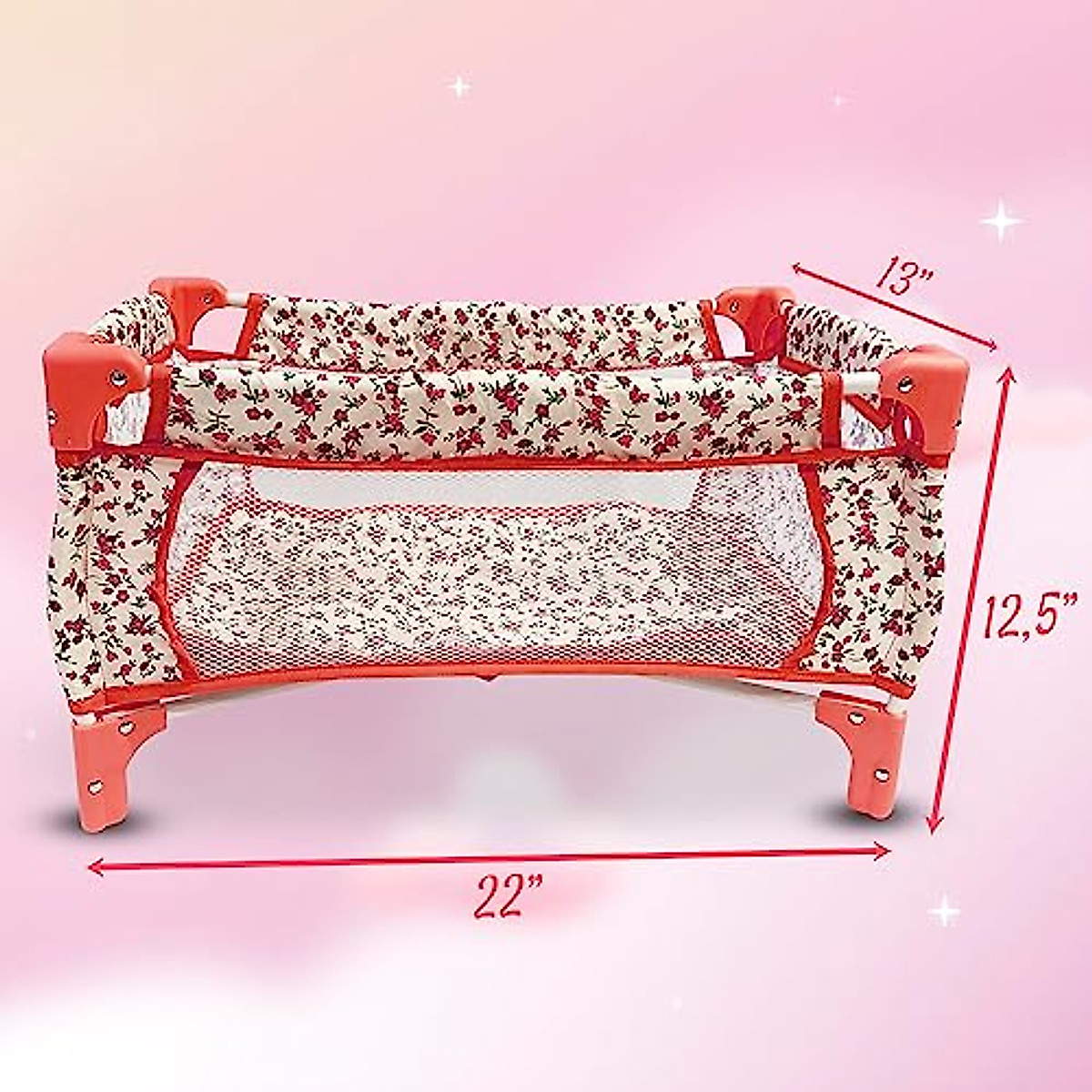 Baby Doll Crib Set for Little Girls, Play Crib Baby Doll Bed, Baby Doll Pack and Play Baby Doll Beds for 18 inch Dolls, Toy Baby Crib for Dolls, Toy Crib for Baby Doll, (Floral)