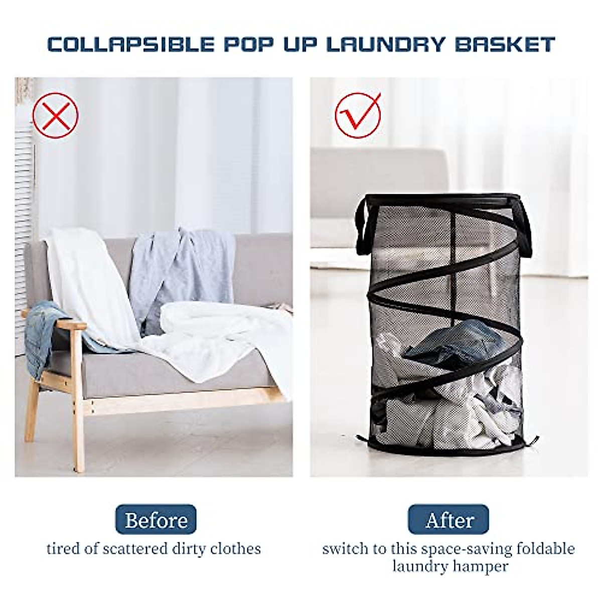 Mesh Collapsible Laundry Hamper with Lid, Large Clothing Storage Bucket with Handles,Dirty Clothes Storage Basket for The Kids Room, College Dorm or Travel (1PCS, Black)