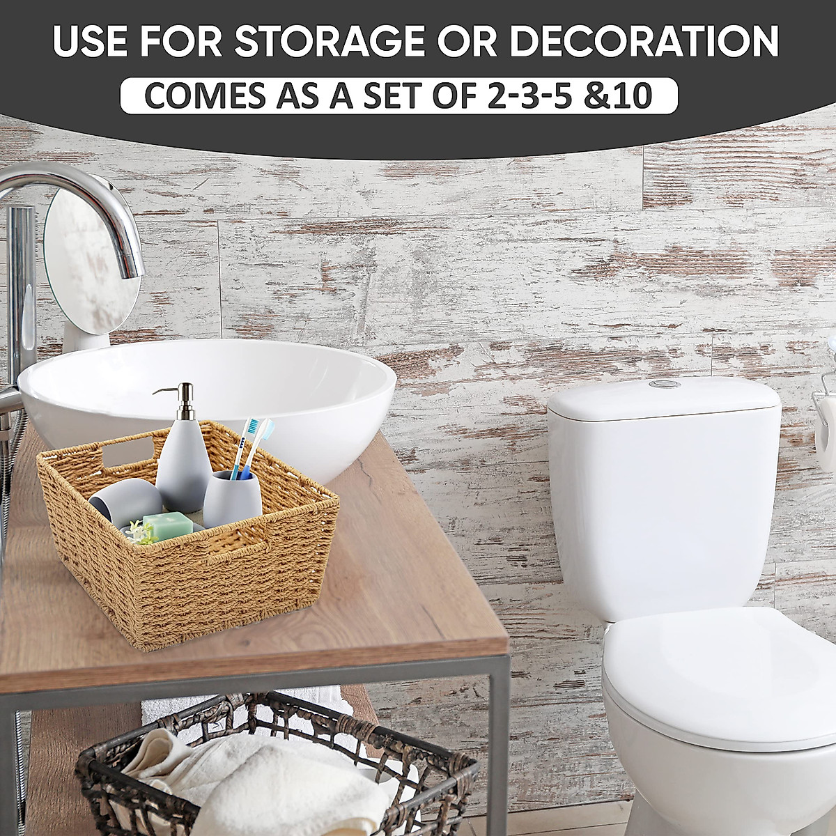 KOVOT Woven Wicker Storage Baskets with Built-in Carry Handles - 9.75"L x 8.5"W x 4.5"H (3-Pack)