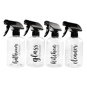 Cornucopia Plastic Cleaning Spray Bottles with Labels (Set of 4); 16oz Refillable Trigger Sprayers w/ 3 Settings and Farmhouse Script Labels
