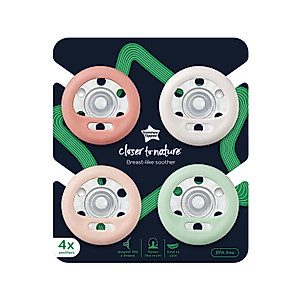 Tommee Tippee Breast-Like Pacifier, 0-6 month pack of 4 pacifiers with breast-like baglet, symmetrical design, BPA free