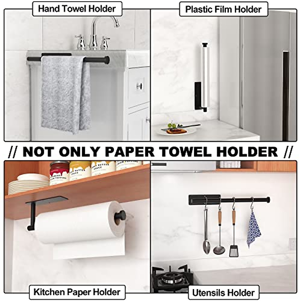 Paper Towel Holder - Self-Adhesive or Drilling, Matte Black Wall Mounted Paper Towel Rack for Kitchen, SUS304 Stainless Steel Kitchen Roll Holder Under Cabinet