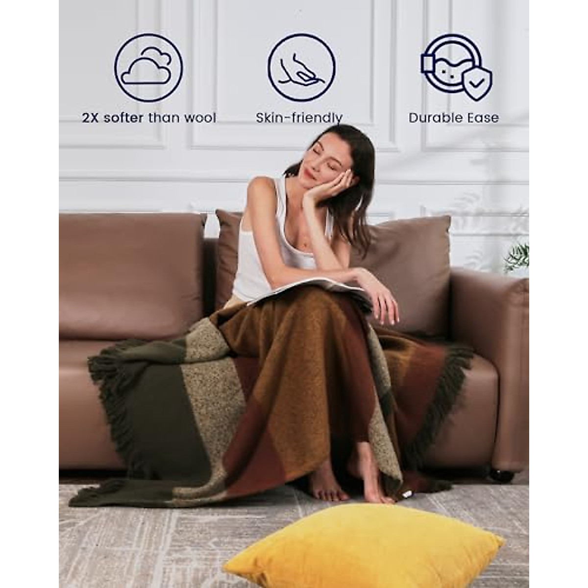 ZonLi Throw Blanket, 50" x 60" Yellow Decorative Classic Blankets with Tassel for Couch, Bed, Sofa, Chair, Outdoor, Cozy Warm Lightweight Blankets (Brown& Yellow)