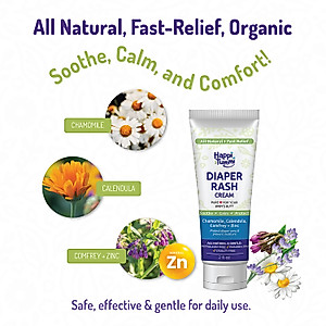 Natural Organic Diaper Rash Cream by Happi Tummi, Soothing Calendula, Chamomile, Comfrey + Zinc and Lavender essential Oil to Soothe and Protect Sensitive Skin – 2 Ounces