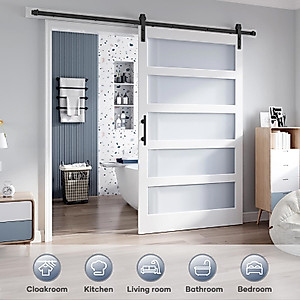 ROYMELO 48x84 Inch Glass Sliding Barn Door Slab and 8ft Hardware Kit Included, 5 Frosted Glass, LVL Wood Panel Covered with White Water-Proof Scratch-Proof PVC Surface, Simple DIY Assembly