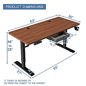 Jceet Electric Standing Desk with Drawer, 63x30 Inches Adjustable Height Sit Stand Up Desk with 4 Splice Boards, Home Office Desk Computer Workstation with Dark Walnut Top/Black Frame