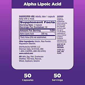 Natrol Alpha Lipoic Acid Capsules, Antioxidant Protection, ALA, Helps Protect Against Cellular Oxidation and Age-Related Damage, Whole Body Cell Rejuvenation, 300mg, 50 Count