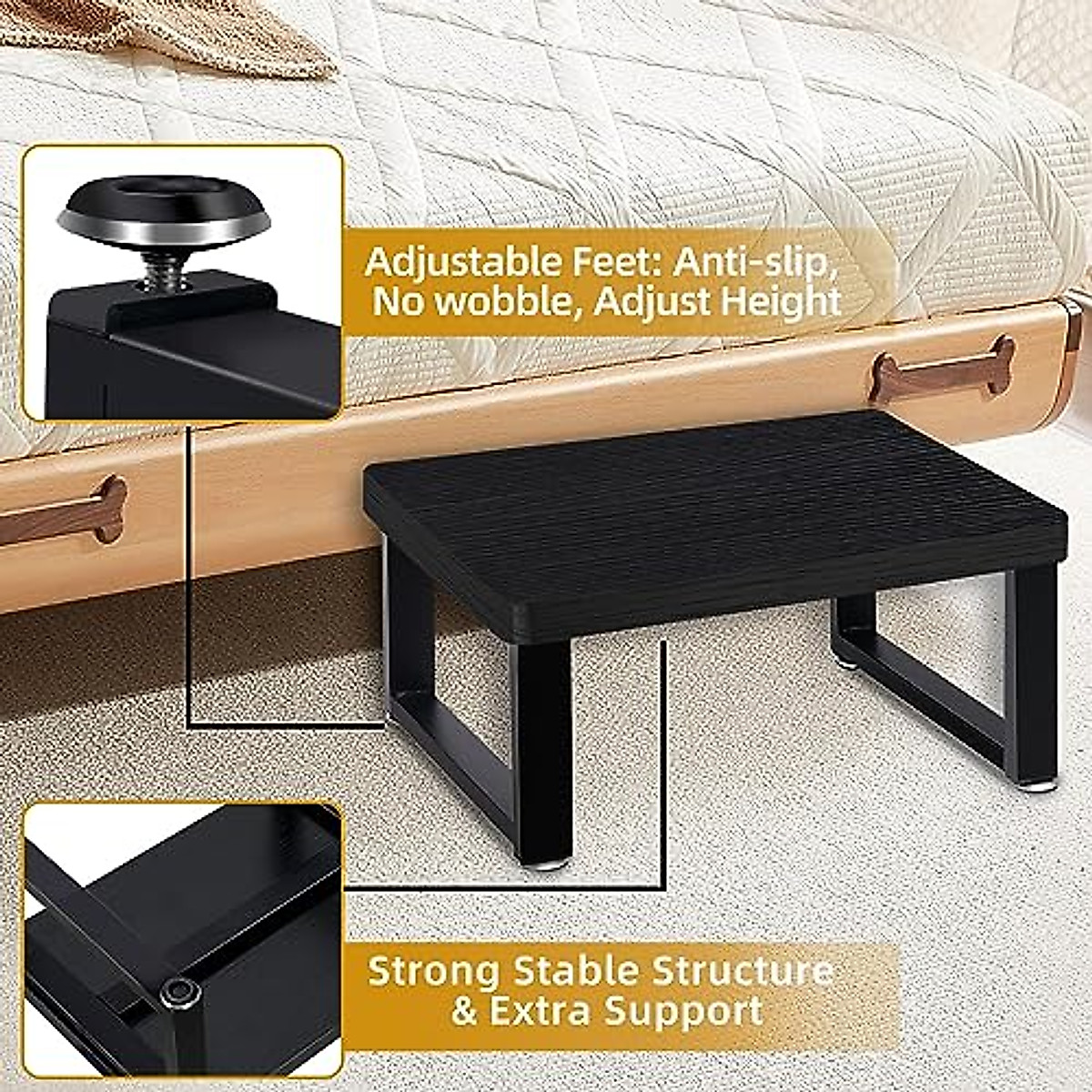 OUTBROS Step Stool for Adults, 7.3'' Tall Bedside Steping Stool Hold Up to 350 lb, One Step Foot Stool for Kitchen, Bedroom, Living Room, Bathroom, Black