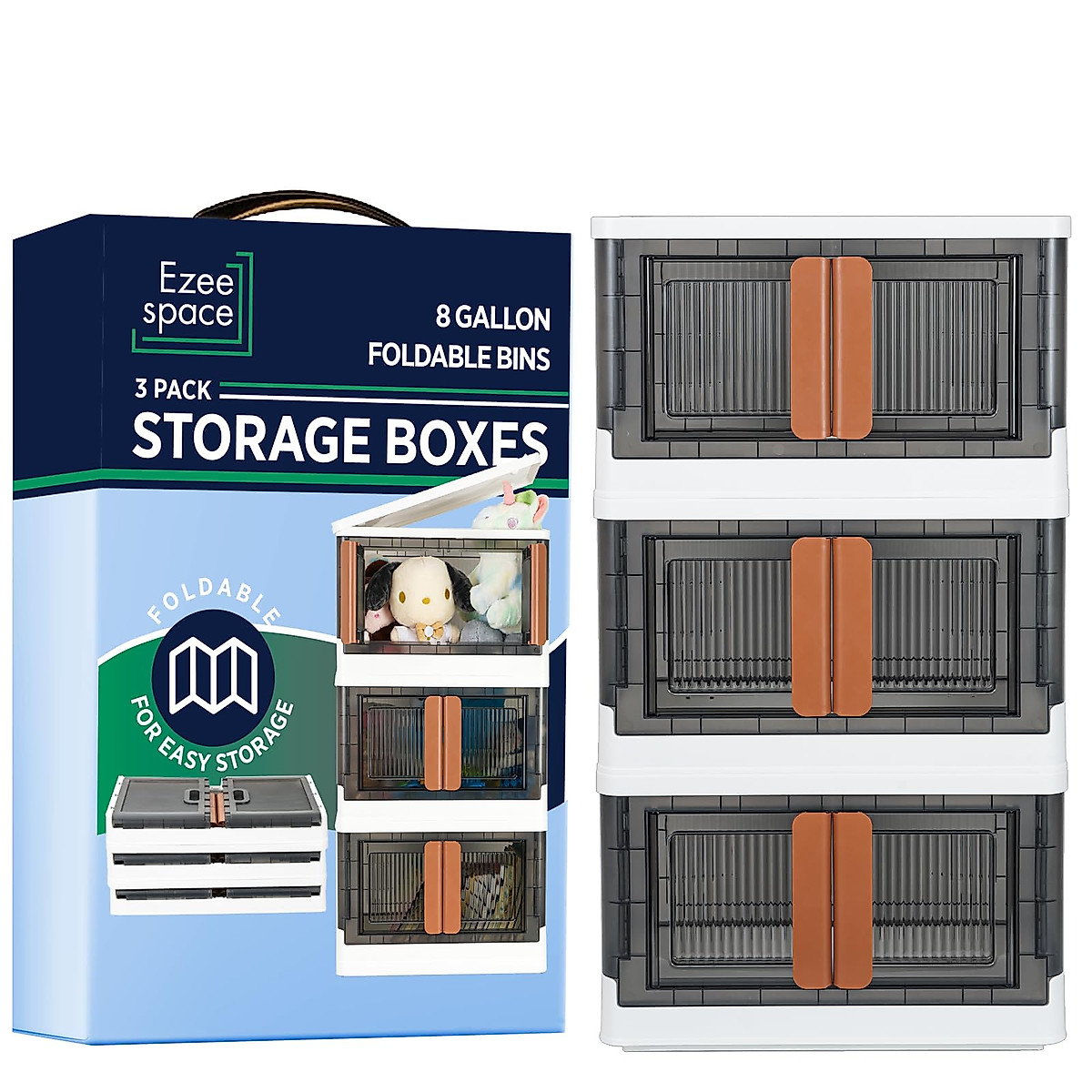 Ezee Space Stackable Storage Bins with Wheels - (3-Pack) - Stackable Storage Drawers - (8.4-Gal) - Collapsible storage bins with lids - Multifunctional Foldable storage boxes with doors