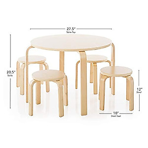 Guidecraft Nordic Table and Chairs Set for Kids: Natural - 4 Stacking Bentwood Stools with Curved Wood Activity Table - Children's Modern Kitchen, Playroom and Classroom Furniture