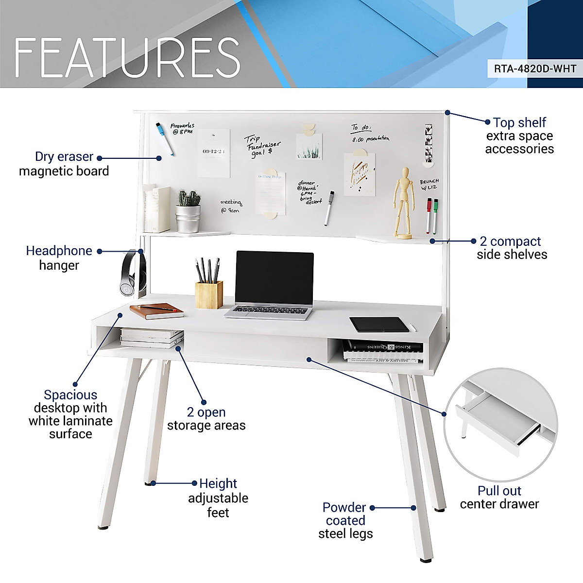 Techni Mobili Study Computer Storage & Magnetic Dry Erase White Board Home Office Desk