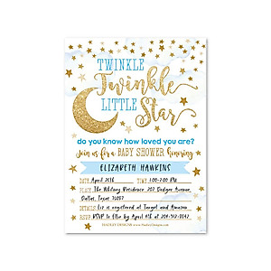 25 Twinkle Twinkle Boy Baby Shower Invitations, Sprinkle Invite For Boy, Coed Little Stars Gender Reveal Theme, Cute Moon Clouds DIY Fill or Write In Blank Printable Card, Blue Gold Party Supplies