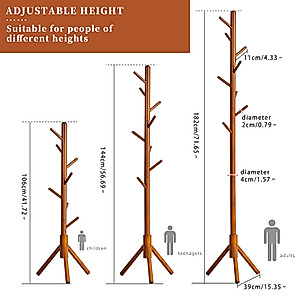 Aibiju Wood Coat Rack Freestanding, Coat Tree with 8 Hooks, 3 Height Options, Suitable for Kids and Adult, Coat Stand for Bedroom Office Entrance Brown YD-1006